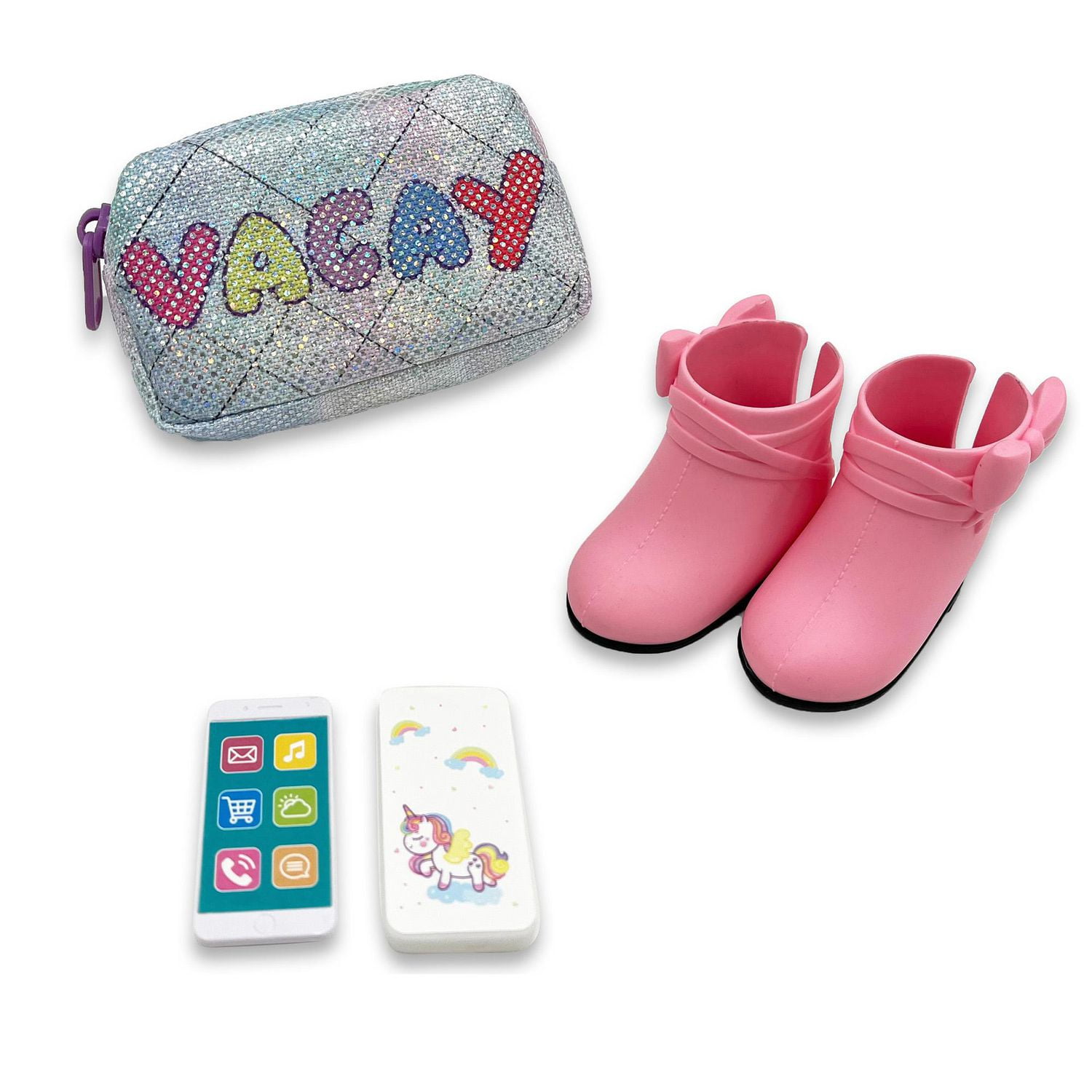 My Life As Vacay Bag Pink Boots and Cell Phone Accessory Bundle for 18 inch Dolls Fashion accessories for dolls