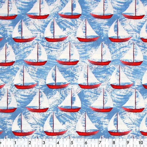Fabric Creations Sea Blue with Sailboats and White Waves Cotton Fabric ...