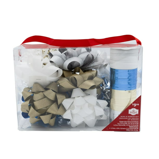 Holiday Time Gift Bow and Curling Ribbon Kit - Blue White Silver, 4 ...