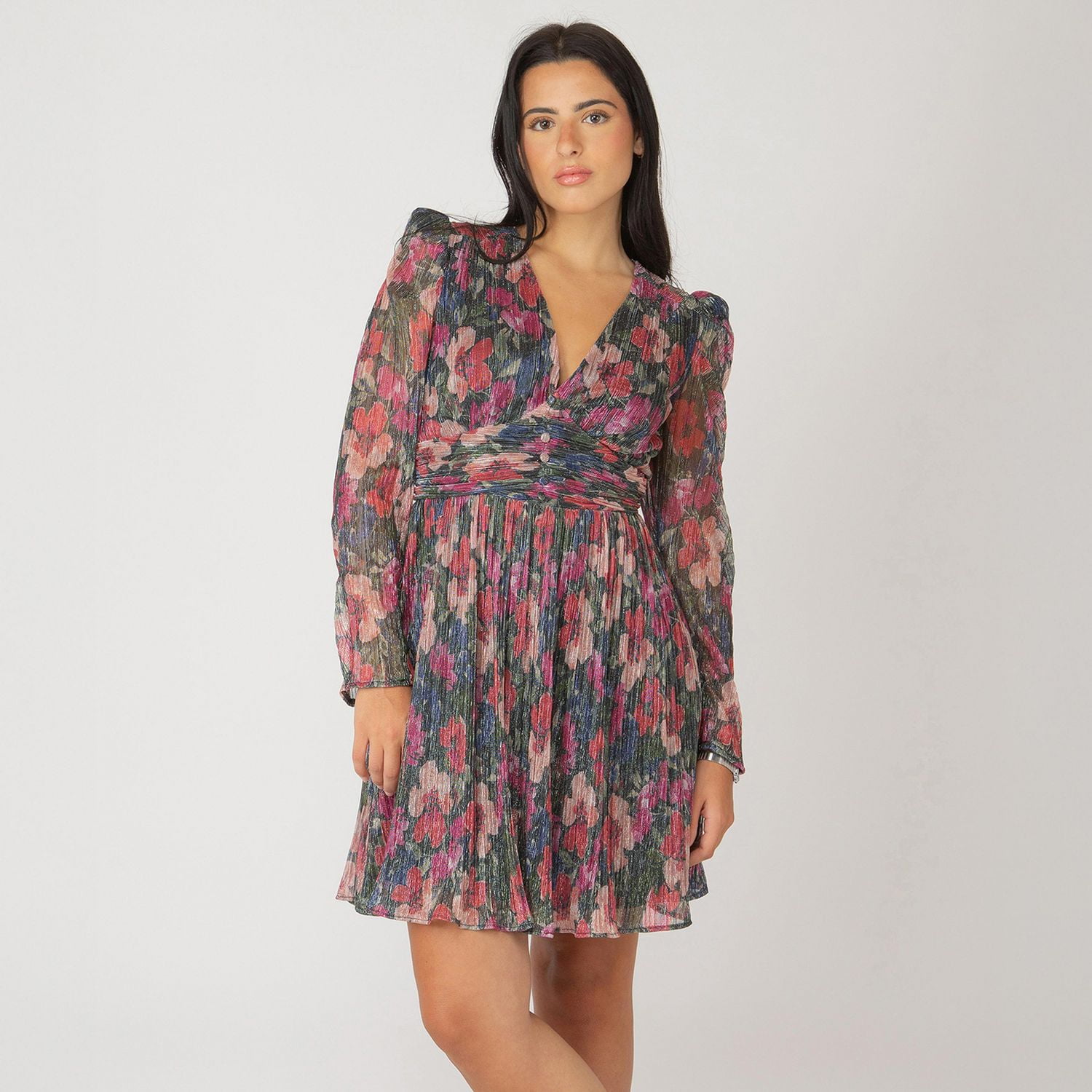 Click here for Devoted Long Sleeve Floral V-Neck Mini Dress With... prices