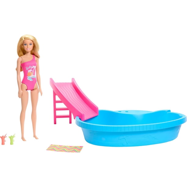 Barbie Doll and Pool Playset, Blonde with Pool, Slide, Towel and Drink ...