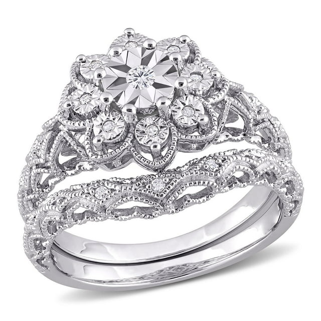 Miabella 1/10 Carat T.W. Diamond Sterling Silver Floral Bridal Set ...