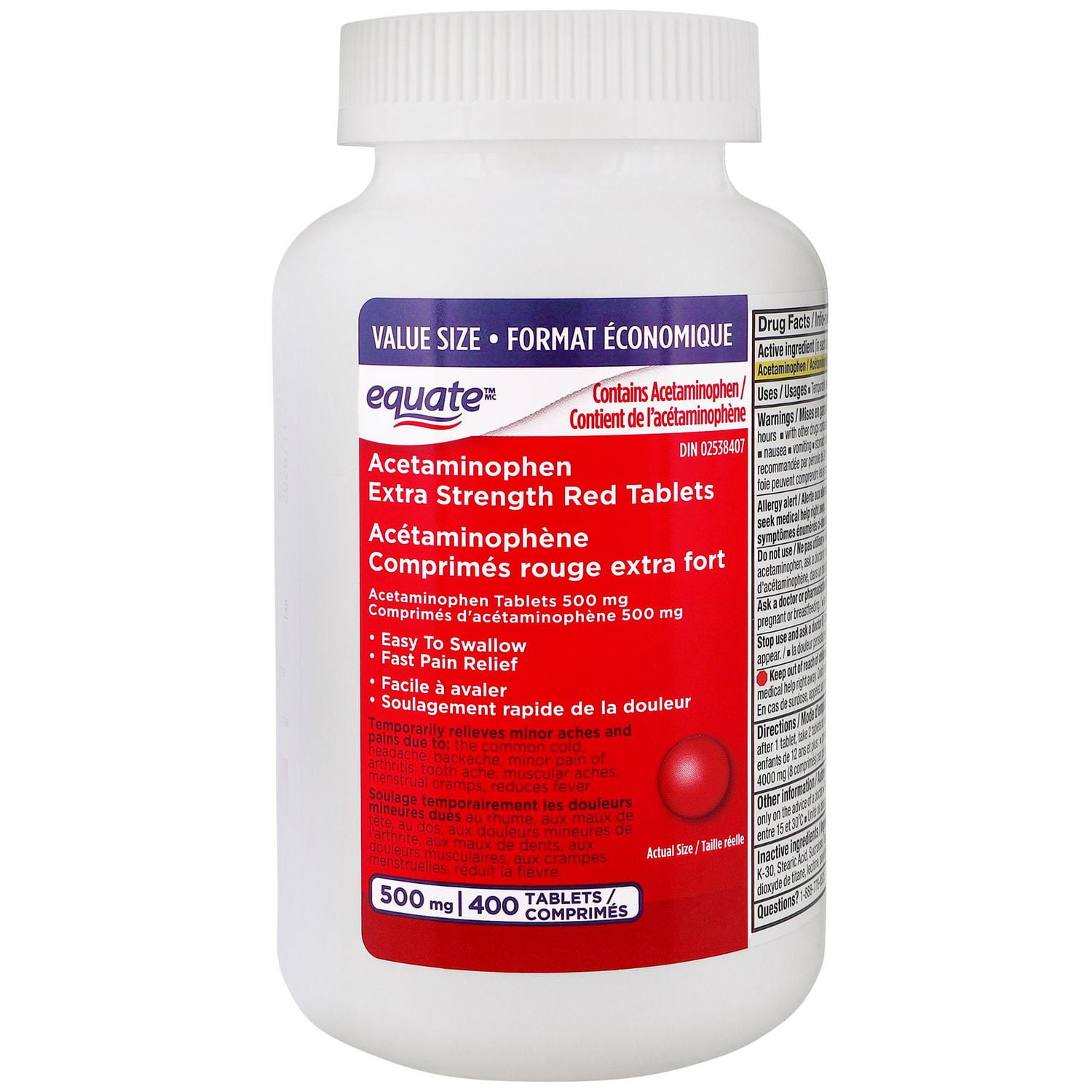 Equate Acetaminophen Extra Strength Red Tablets, 500 mg, 400 Tablets ...
