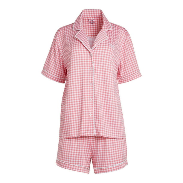 Chaps Women's Sleep 2-Piece Gingham Notch Collar Short Sleeve Shirt and ...