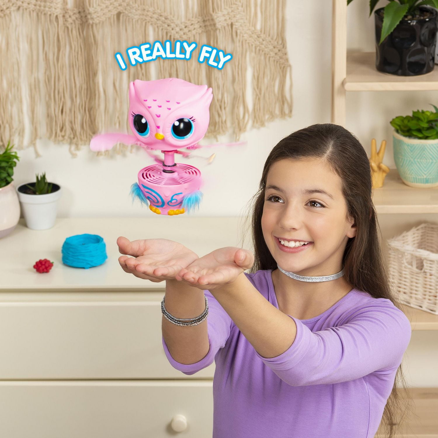 Owleez Flying Baby Owl Interactive Toy with Lights and Sounds Pink for Kids Aged 6 and Up