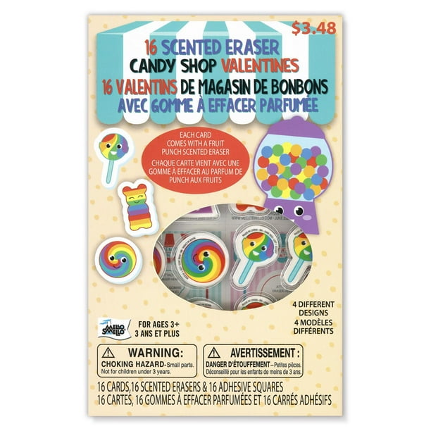 Mello Smello 16CT Scented Eraser Candy Shop Valentines Kiddie Cards, 4 ...