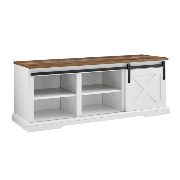48" Sliding Barn Door Entry Bench with Storage - White/Reclaimed ...