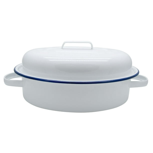 Enamel Roaster with Lid, White Body With Blue Rim, Size: 15.6"x9.4"x6.5 ...