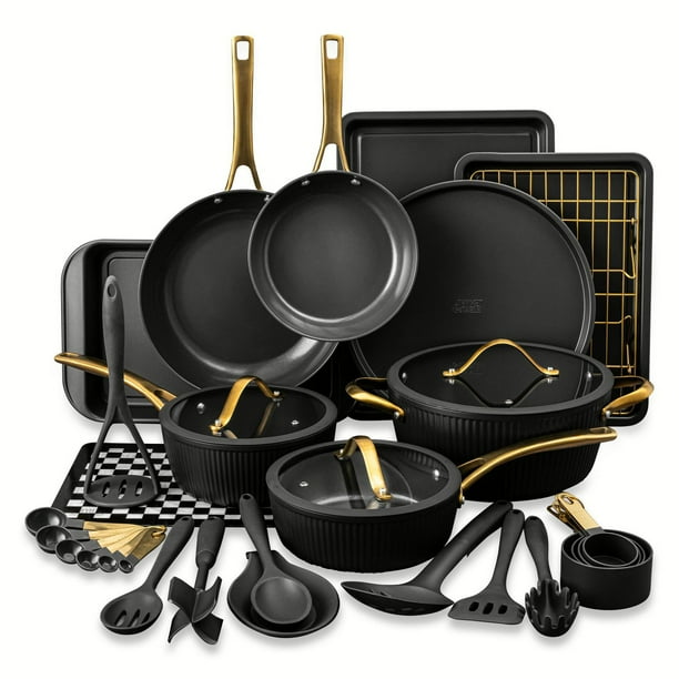 Thyme & Table Signature Series 32-Piece Cookware & Bakeware Set Ribbed Collection, Black ...
