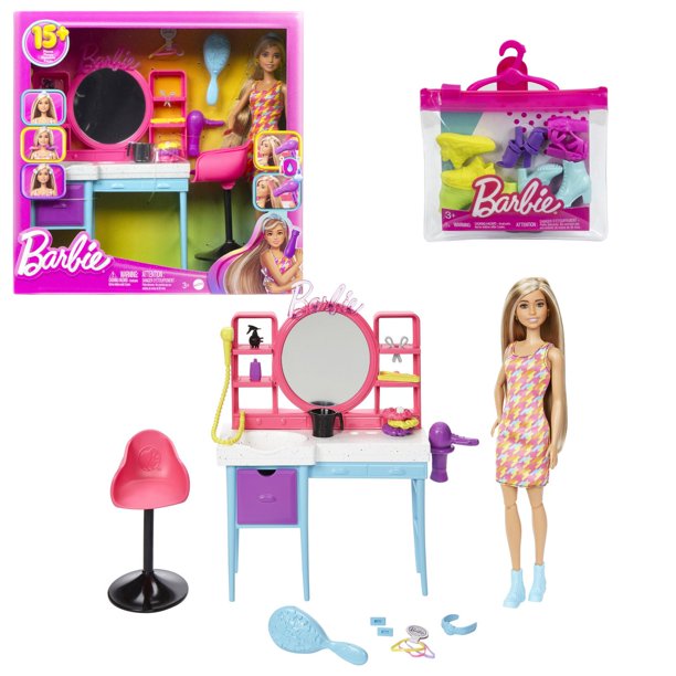 Barbie Bundle - Doll and Hair Salon Playset, Color-Change Hair and Shoe ...