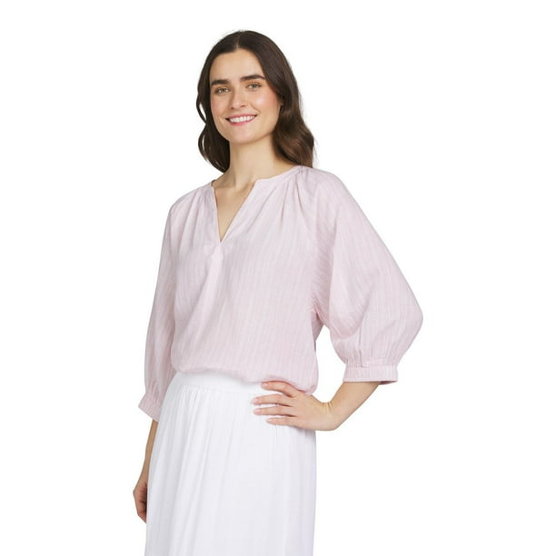 Chaps Women's Elbow Sleeve Notch Neck Linen Top - Walmart.ca