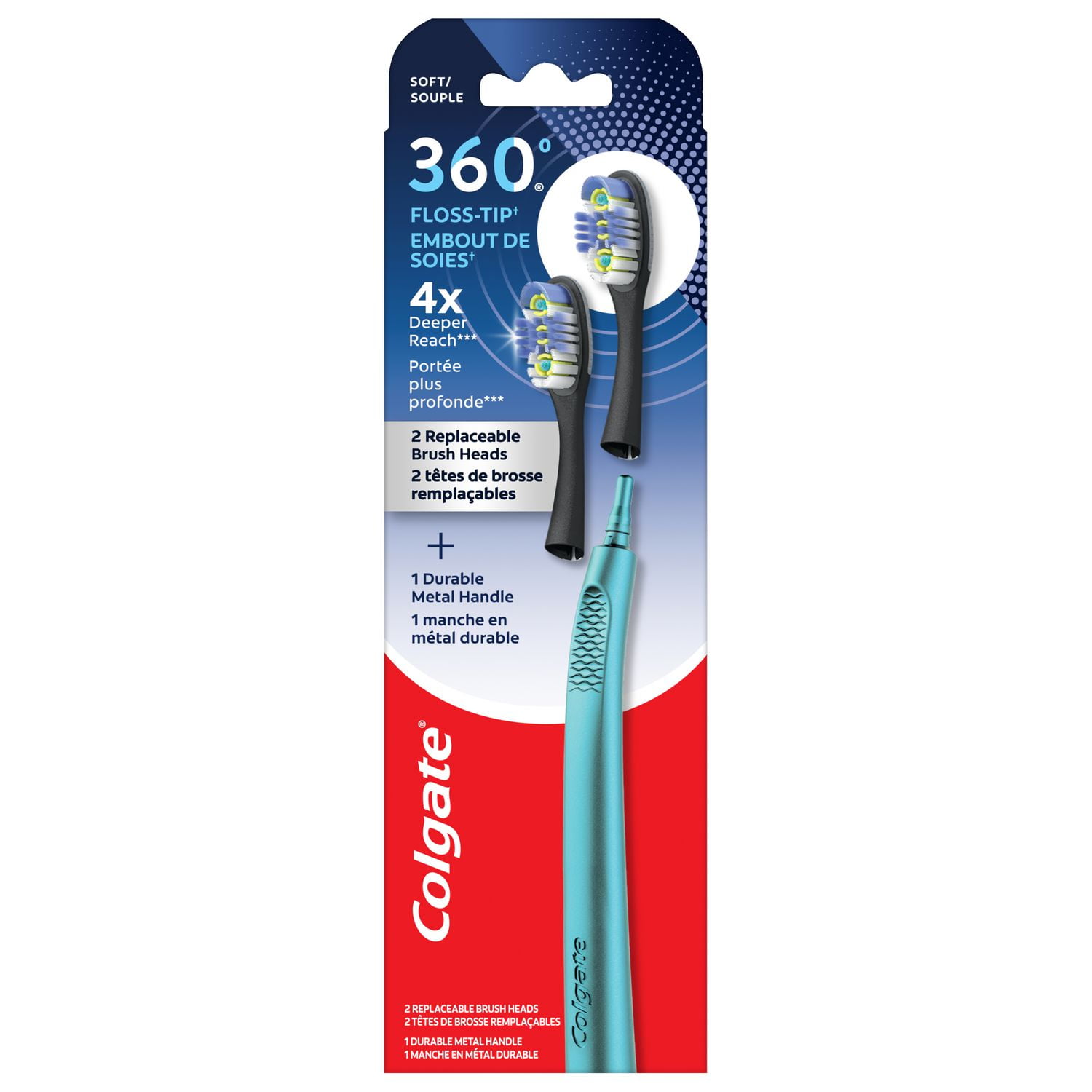 Colgate® 360® Floss Tip Replaceable Head Toothbrush Starter Kit, 2 Brush Heads and Metal Handle ...