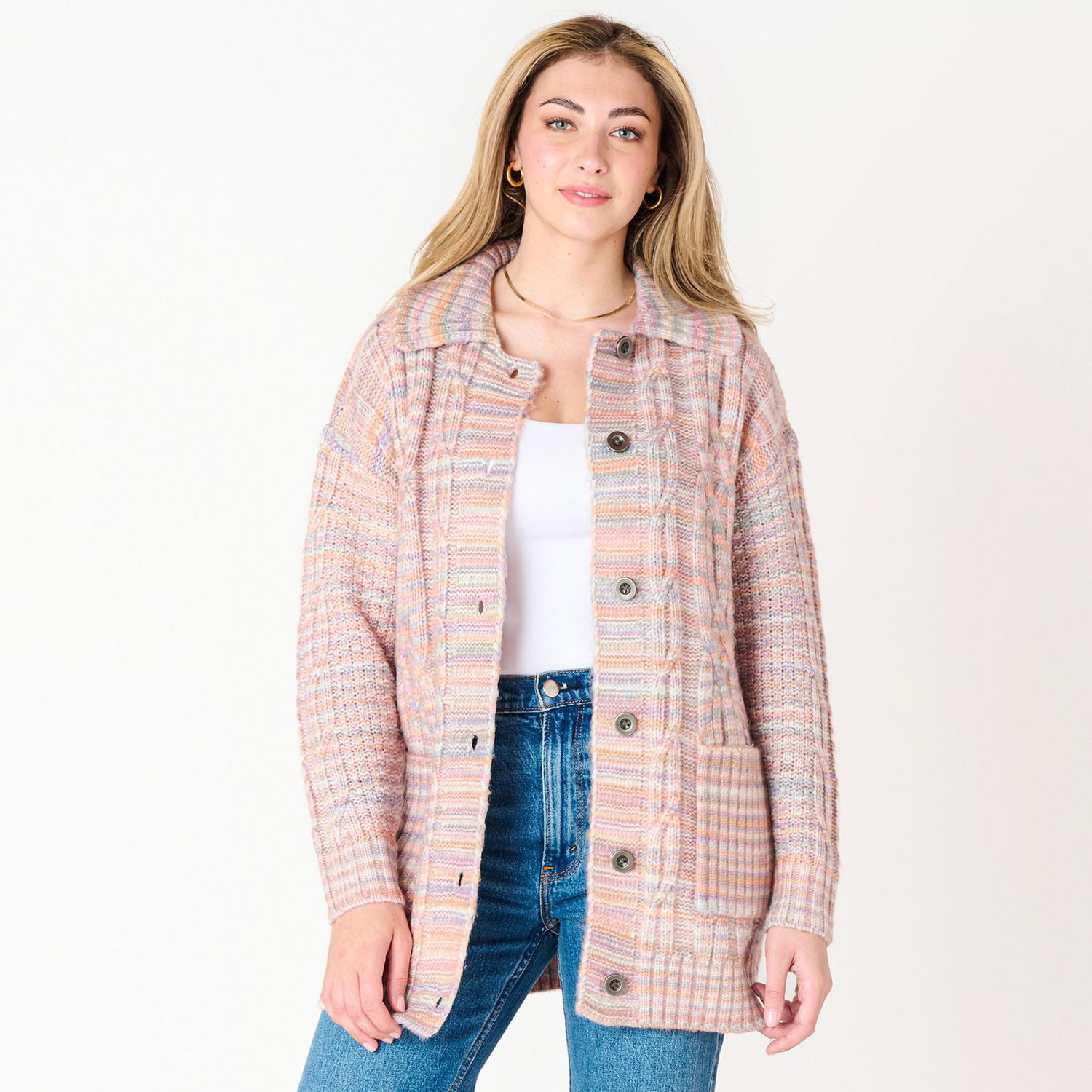 DV L/S Multi coloured cable knit collared buttoned sweater - Walmart.ca