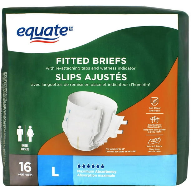 Equate Unisex Maximum Absorbency Fitted Briefs, Large, 16 pairs ...