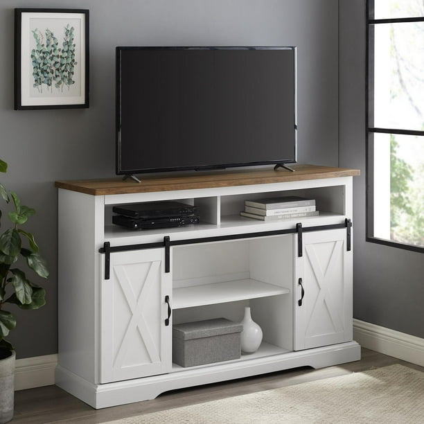 52" Sliding Barn Door Highboy Console - Solid White/Reclaimed Barnwood ...