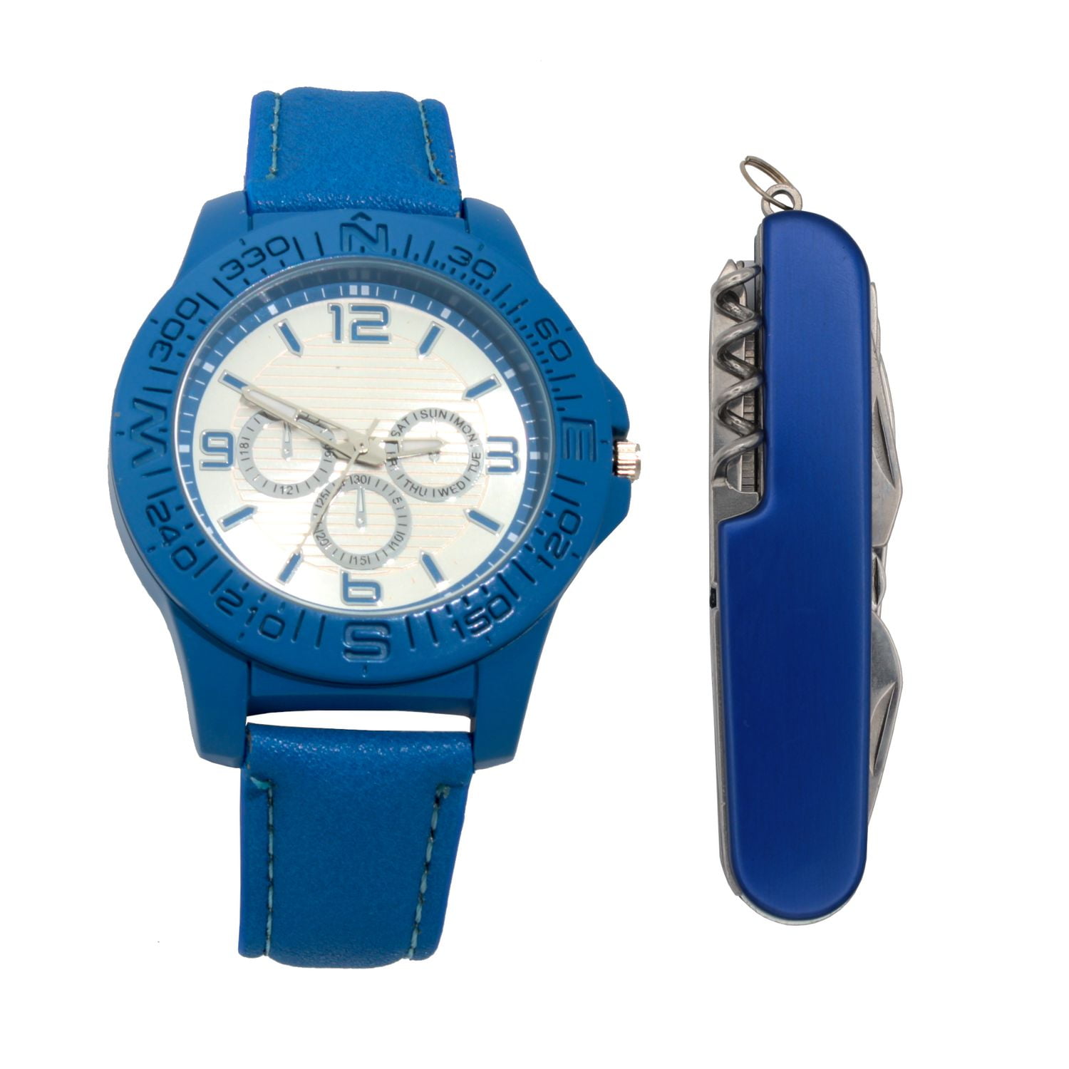 Click here for Mens Easy Read Analog Blue Pu Strap Watch With Mul... prices