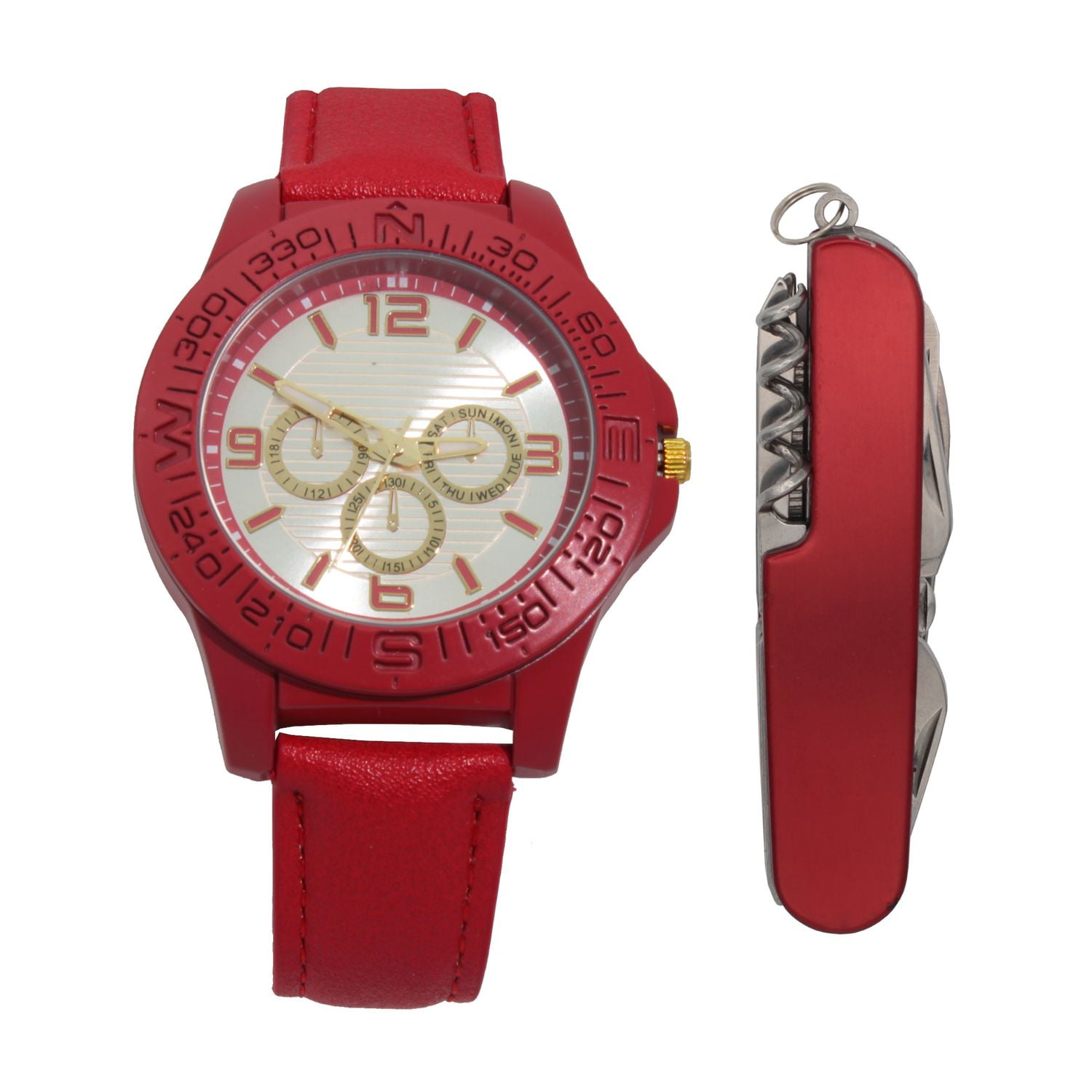 Click here for Mens Easy Read Analog Red Pu Strap Watch With Mult... prices