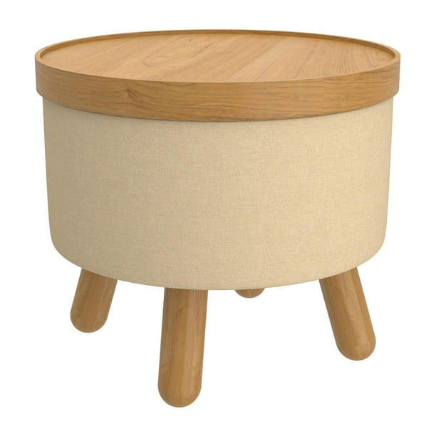 Mid-Century Modern Fabric and Wood Round Storage Ottoman with Tray ...