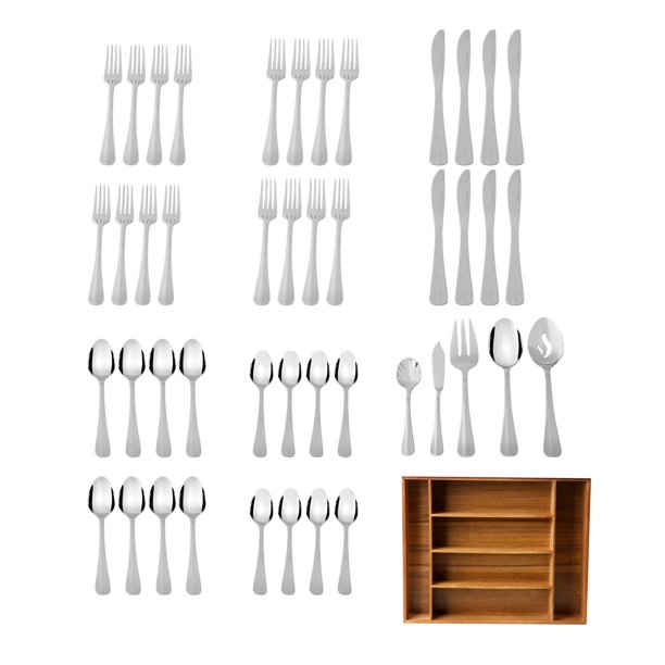 Mainstays Splendent 46 Piece Stainless Steel Flatware Set with Wooden Tray Organizer, Silver ...