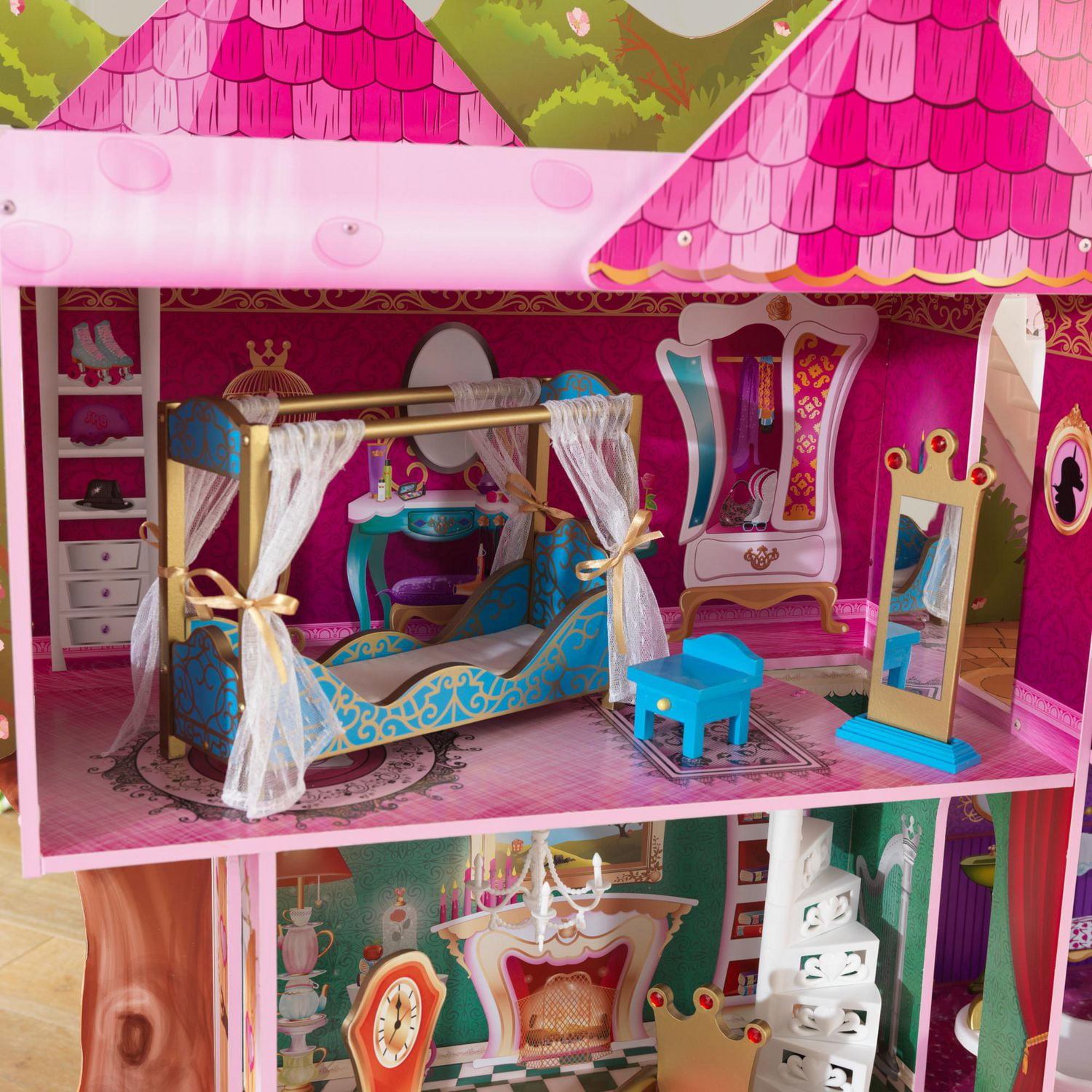 KidKraft Storybook Mansion Three Story Wooden Dollhouse with 14 Pieces for 12 inch Dolls Walmart