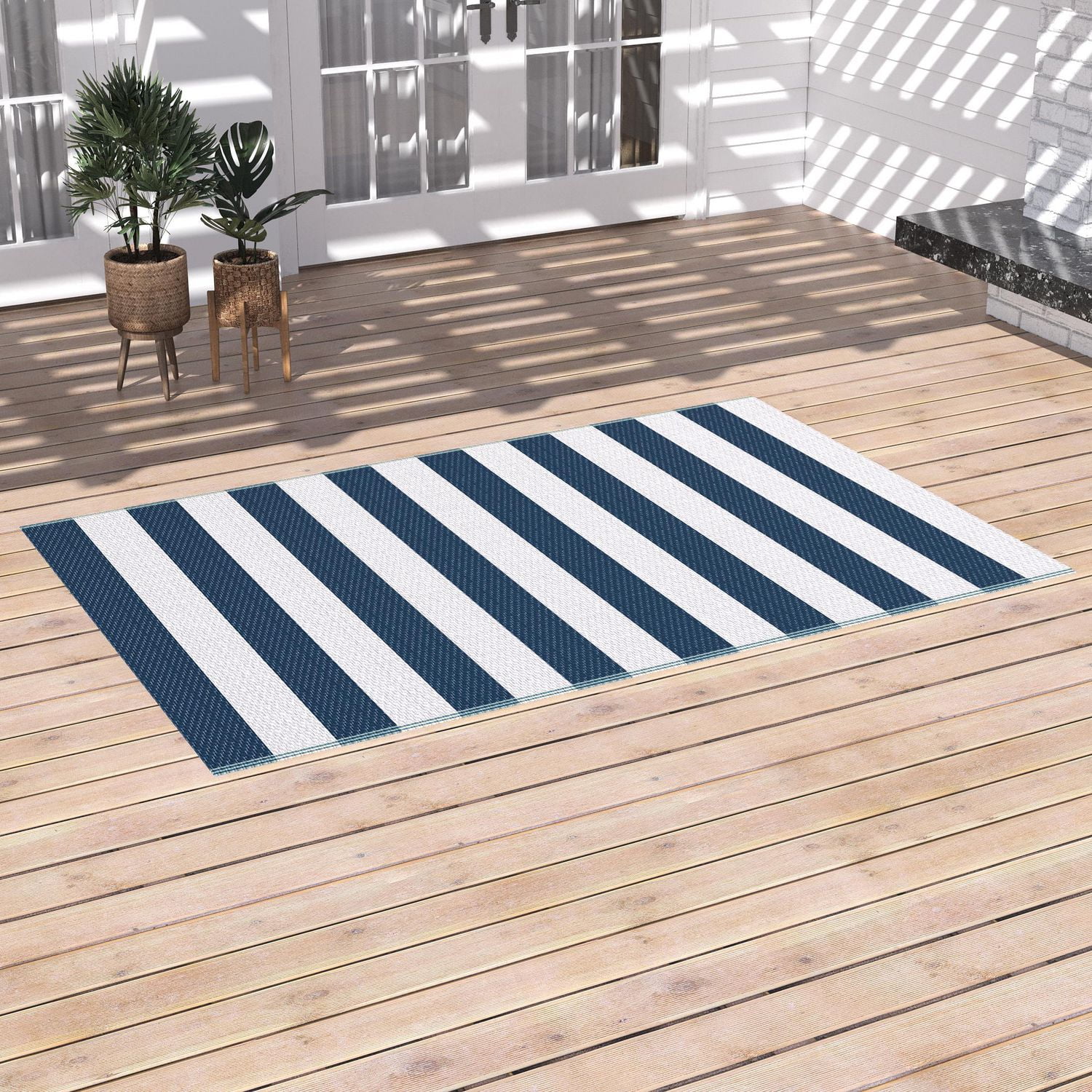Cabana Stripe Blue & White Polyweave Reversible Outdoor/Beach Mat, 6-ft ...