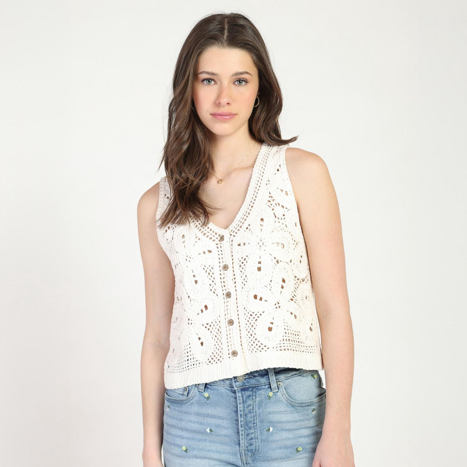 Click here for Bloom Girl  Button Front Crochet Vest  Sizes Xs-Xl... prices