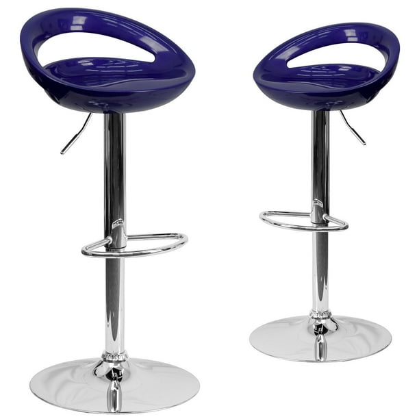 2 Pk. Contemporary Blue Plastic Adjustable Height Barstool with Rounded Cutout Back and Chrome ...