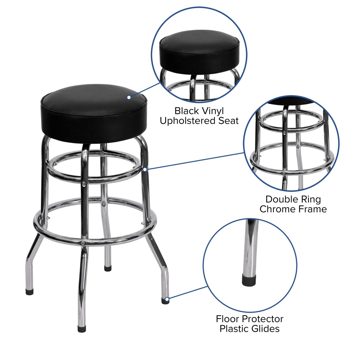 2 Pk. Double Ring Chrome Barstool with Black Seat Walmart
