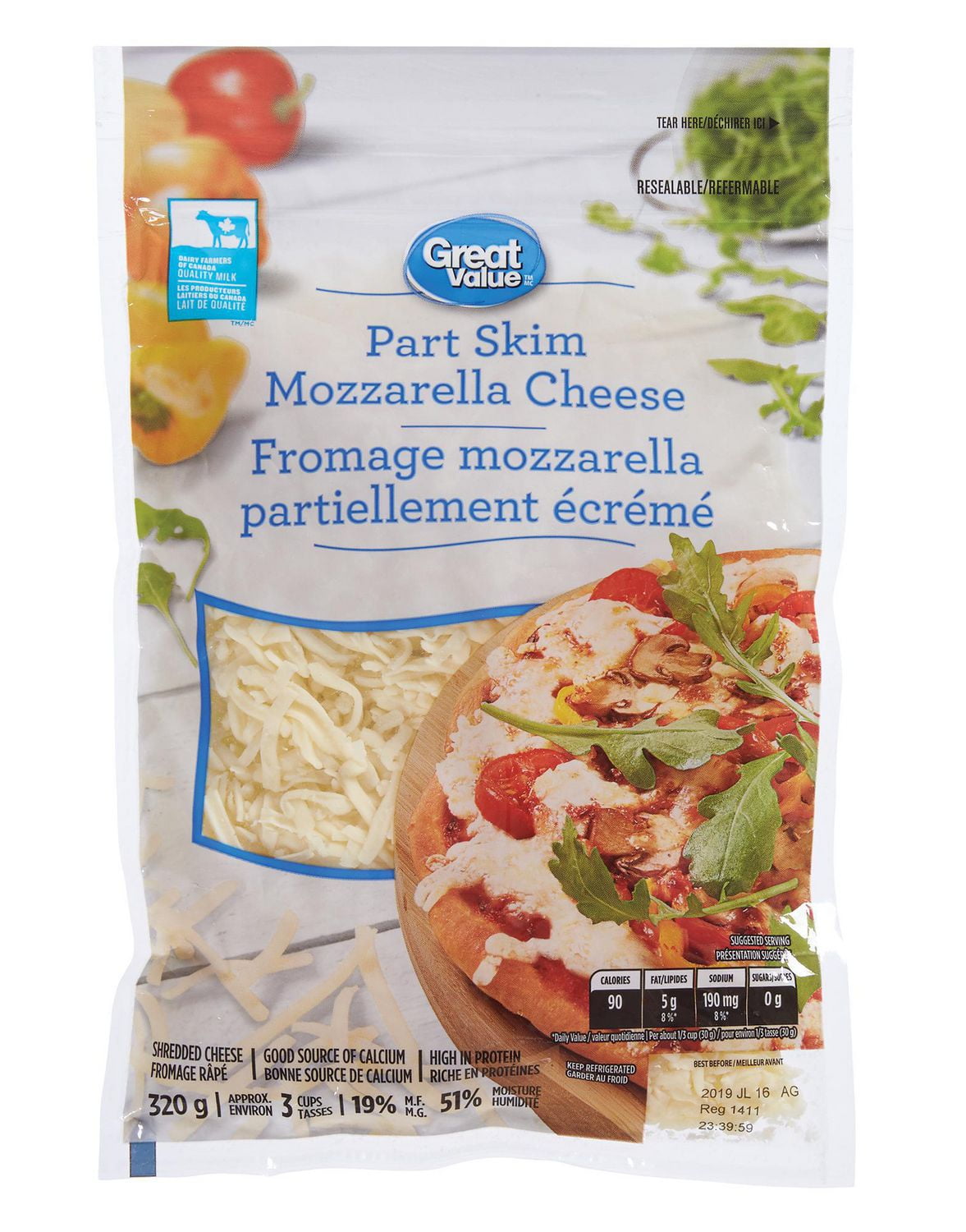 Fromage mozzarella râpé Great Value partiellement écrémé | Walmart Canada