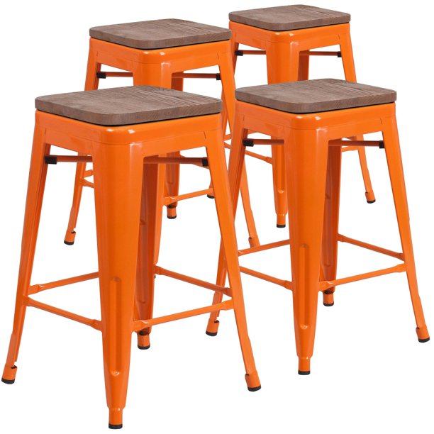 4 Pk. 24" High Backless Orange Metal Counter Height Stool with Square ...
