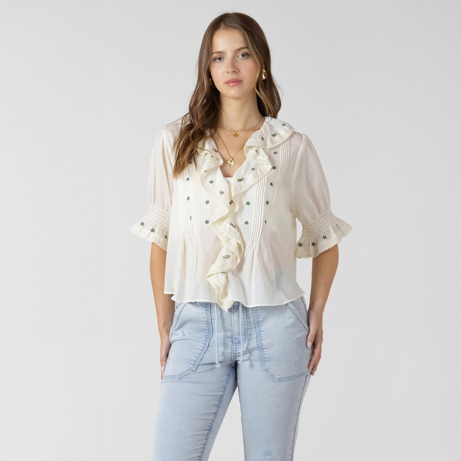 Click here for Devoted  Ruffle Detail Embroidered Blouse  Sizes X... prices