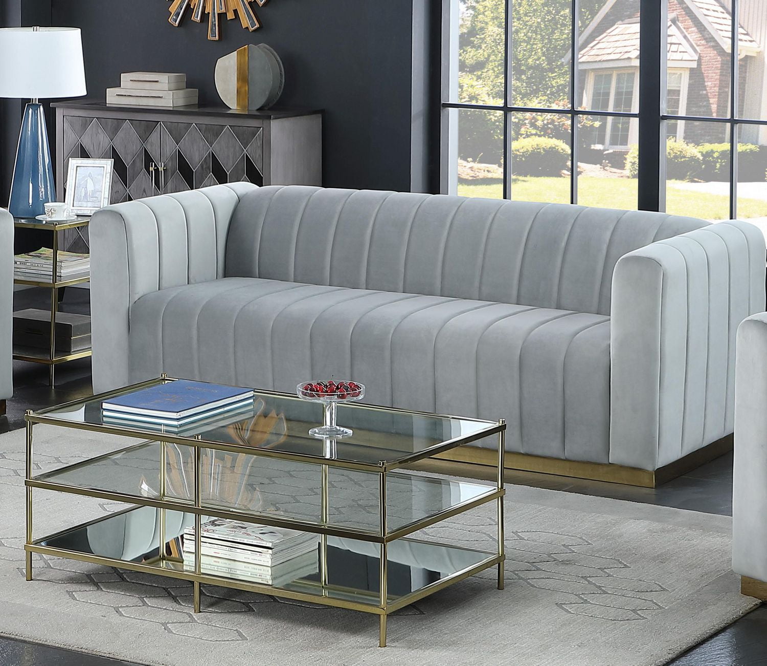 Grey sofa with gold legs store