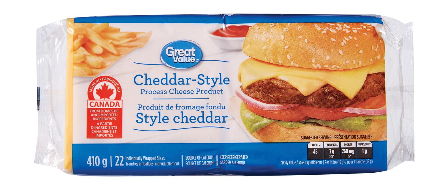 Produit de fromage de style cheddar, Great Value, format de 410 g ...
