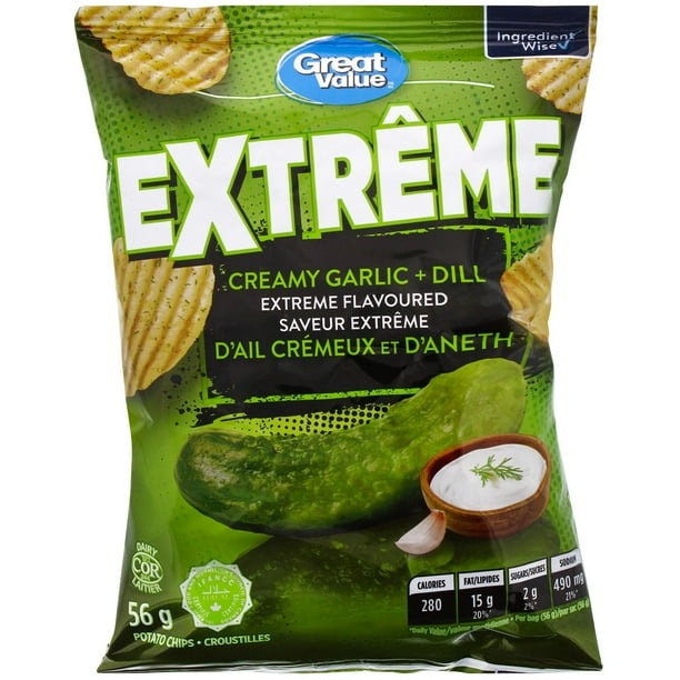 Great Value Extrême Creamy Garlic & Dill Flavoured Potato Chips, 56 g ...