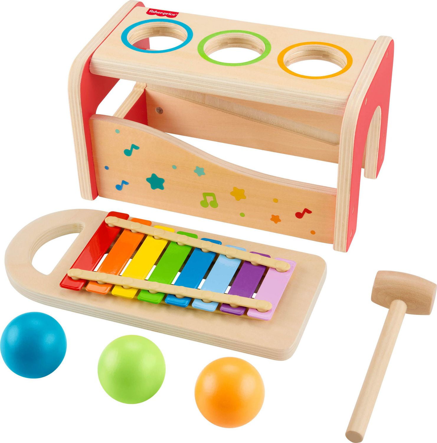 Fisher Price Wooden Pound Tap Bench Xylophone Toddler Musical Instrument Toy 6 Wood Pieces Ages 18 24 Months