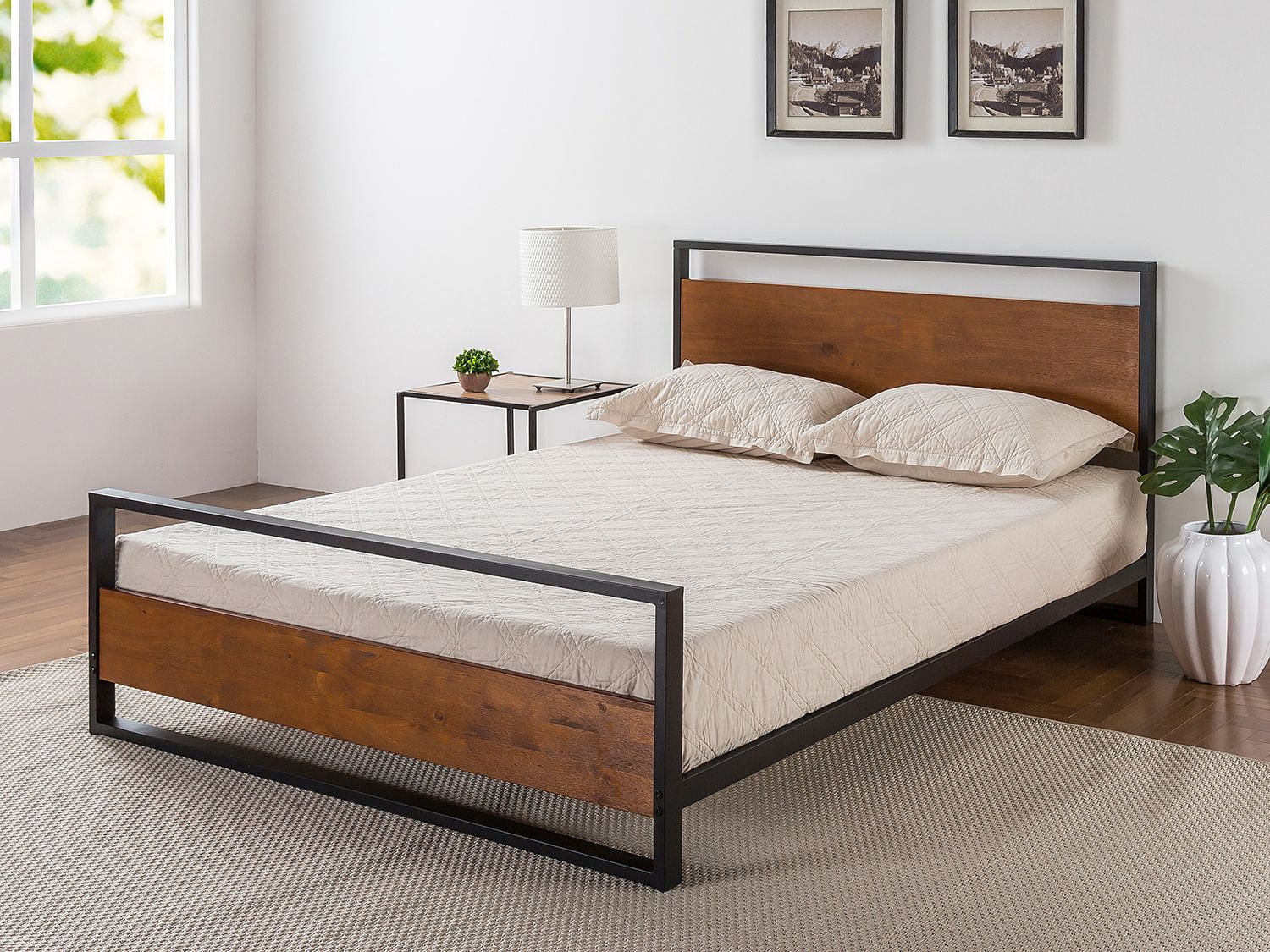 Zinus ironline metal and wood platform bed with headboard store