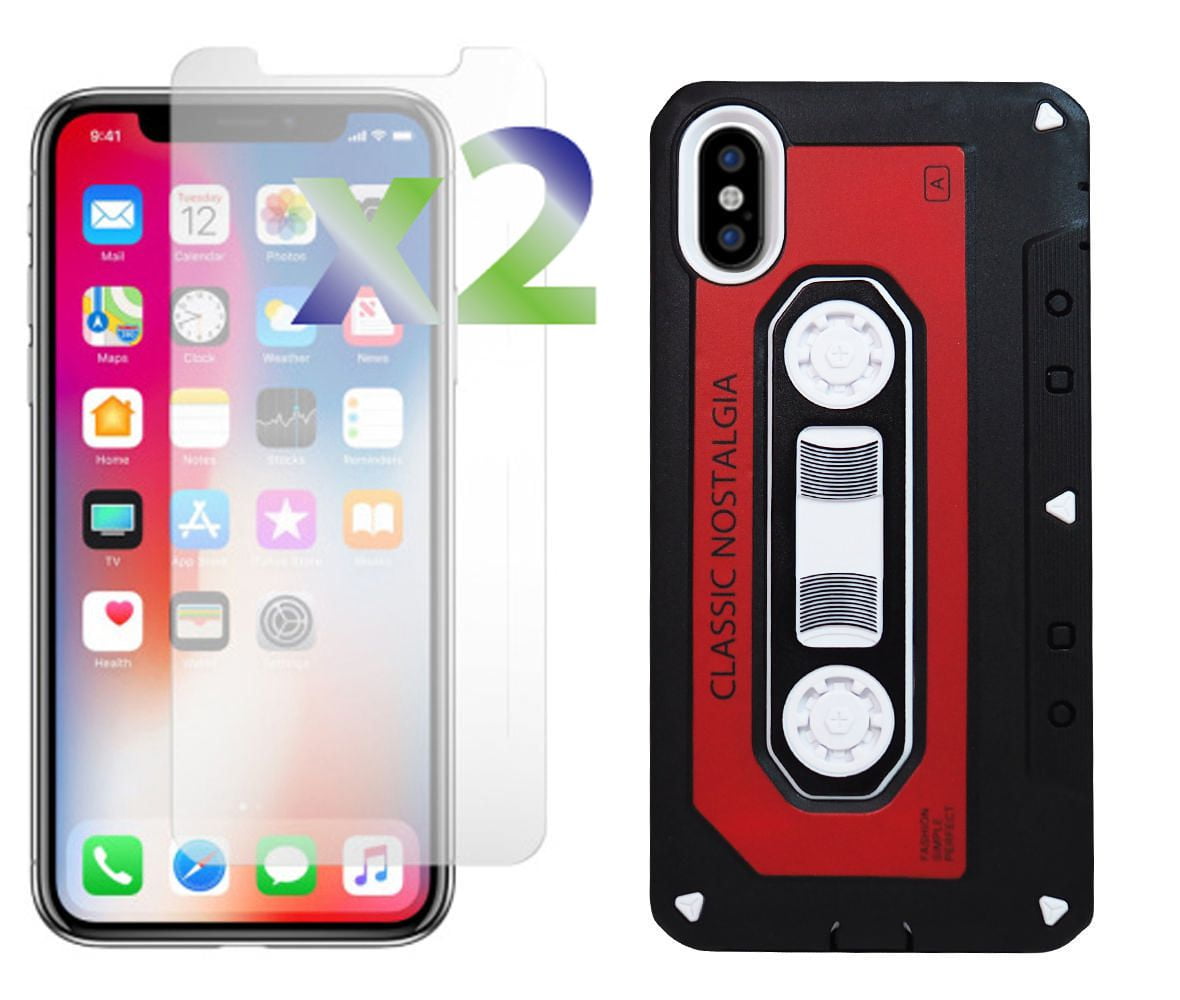 Exian iPhone X Screen Protectors x 2 and Armored Case Classic Cassette ...