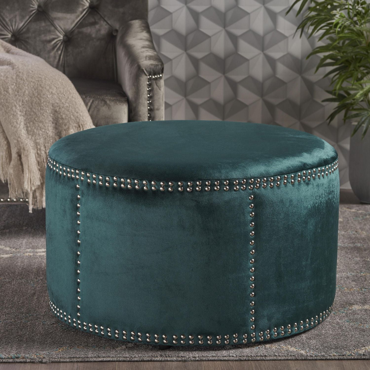 Julie Studded Teal Velvet Ottoman | Walmart Canada