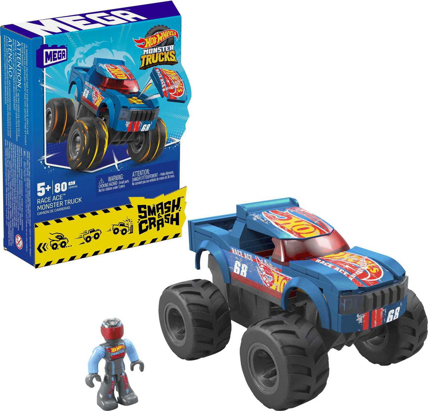 MEGA Hot Wheels Monster Trucks Building Toy Car Smash Crash Race Ace With 85 Pieces 1 Micro Action Figure Driver Blue Kids Age 5 Years