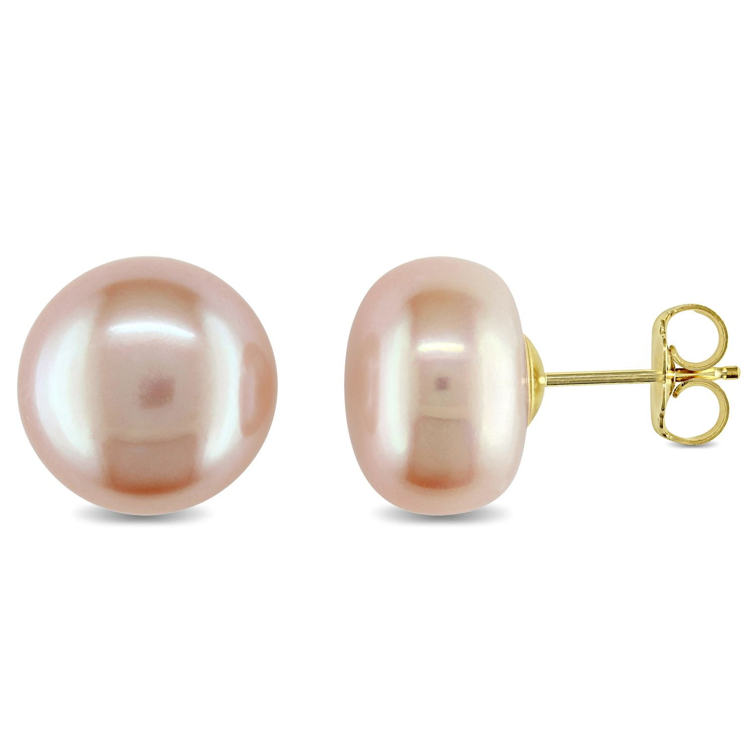 Tangelo 11-12mm Pink Cultured Freshwater Pearl 14K Yellow Gold Stud ...
