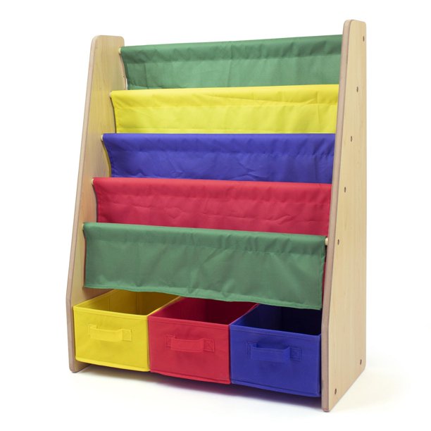 Humble Crew Kids Bookshelf 4 Tier Book Storage and Fabric Bin Organizer ...