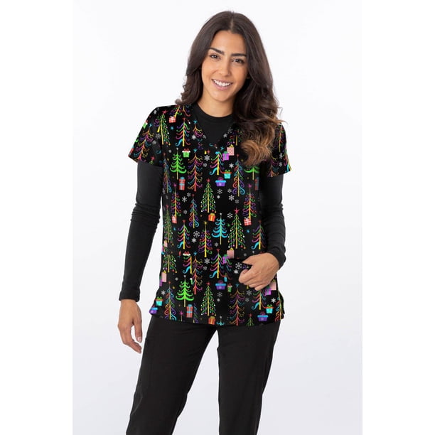 Greentown Canada Foiled Christmas Trees V-Neck Scrub Top - Walmart.ca