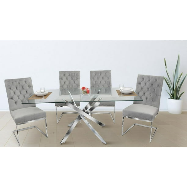 K-LIVING HARLY 5PCS Dining Set with 72" Rectangle Tempered Glass with Chrome Base Table and ...