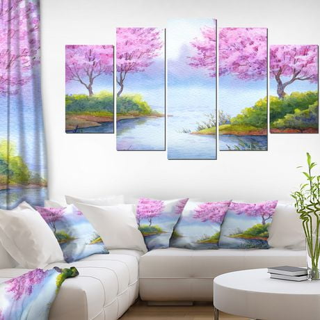 Click here for Design Art Flowering Trees Over Lake Canvas Print... prices