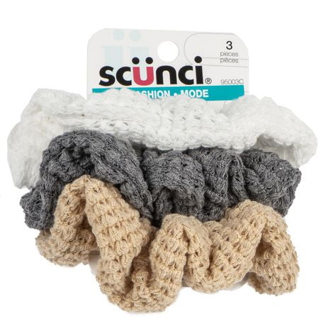 Click here for Scunci 3 Pack Waffle Scrunchie Cream  Grey  Taupe prices