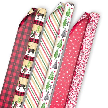 Hallmark Reversible Rustic Christmas Wrapping Paper (100 Sq. Ft. Ttl ...