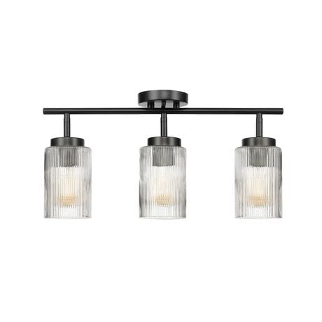 3-Light Matte Black Track Lighting with Ribbed Glass Shades and ...