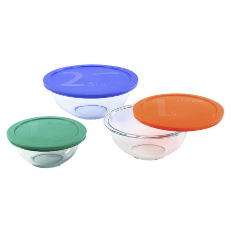 PYREX Smart Essentials 6-Piece Mixing Bowl Set with Multicolour Lids ...