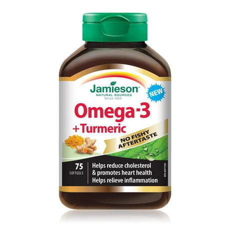 Jamieson No Fishy Aftertaste Omega-3 + Turmeric Softgels, 75 softgels ...