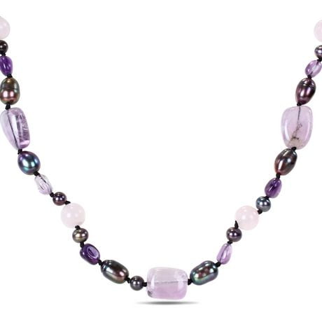 Tangelo Necklace with Black Pearls; Amethyst Gemstones; and Rose Quartz ...